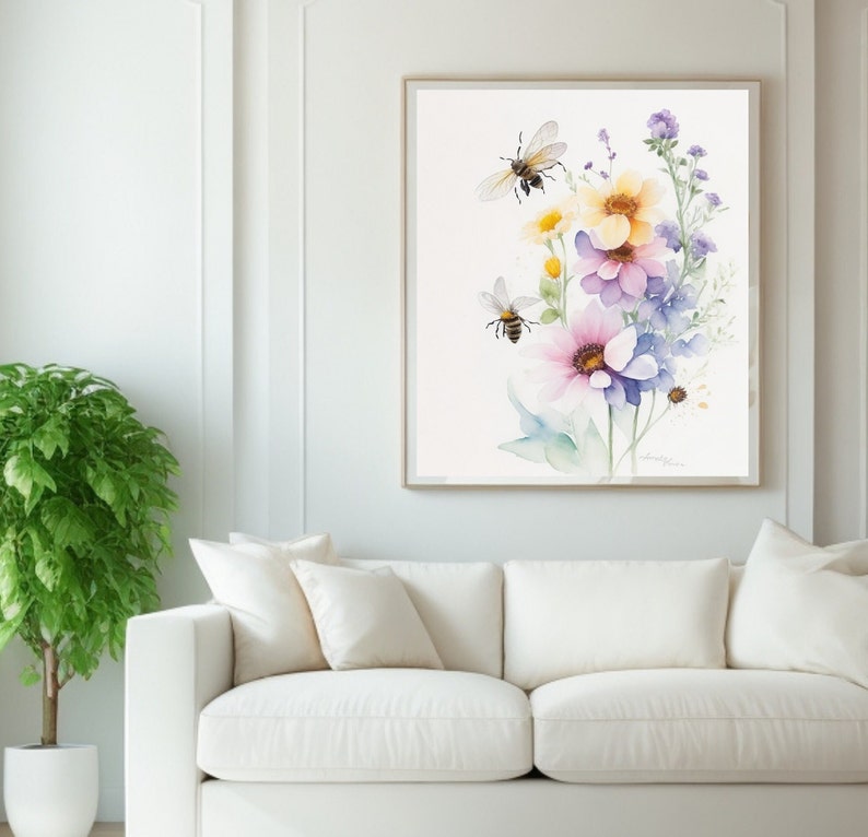 Set of 7 Wild Flowers & Bees Digital Art Images Watercolor in Pastel ...