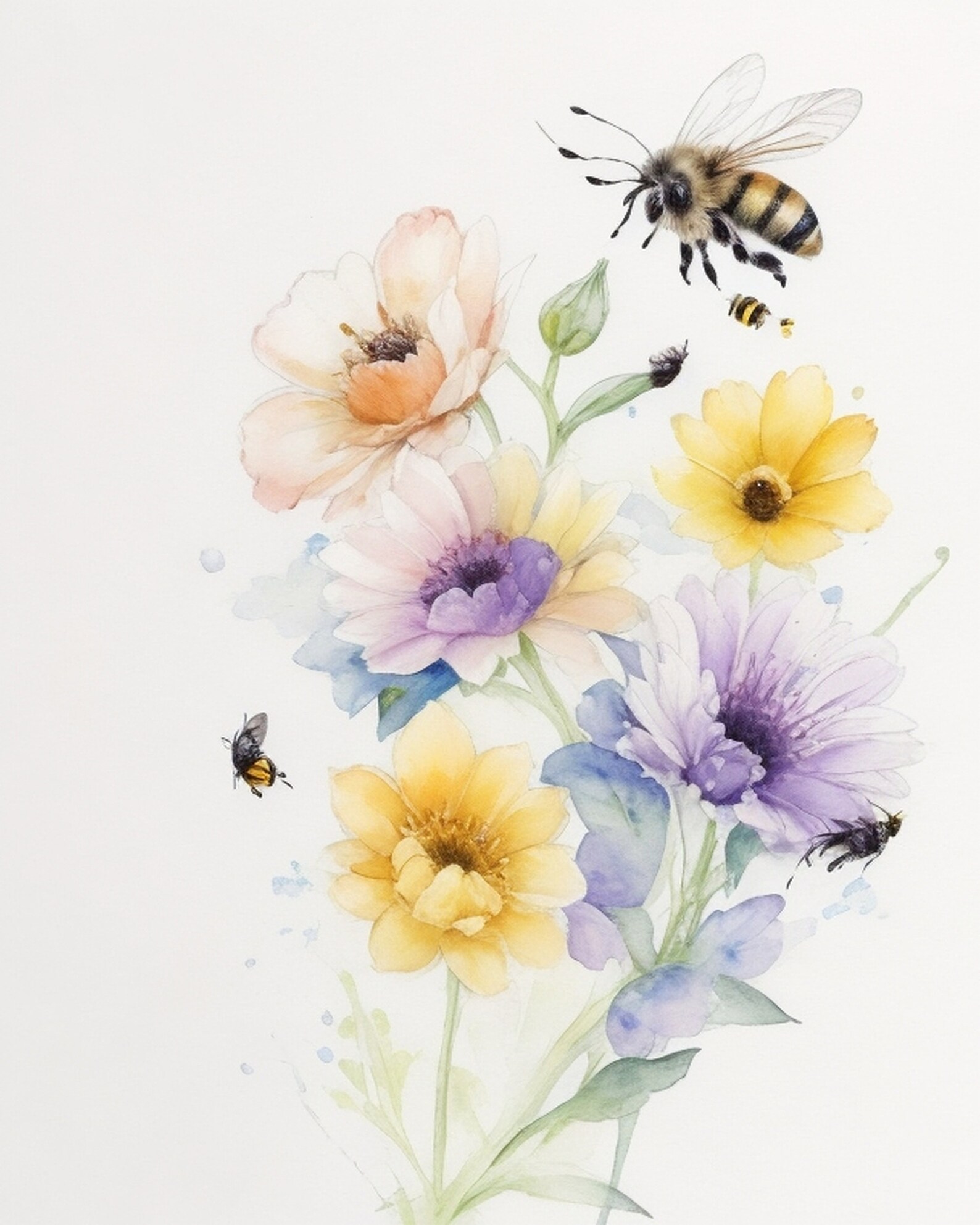 Set of 7 Wild Flowers & Bees Digital Art Images Watercolor in Pastel ...