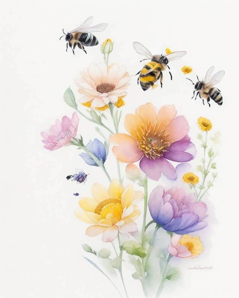 Set of 7 Wild Flowers & Bees Digital Art Images Watercolor in Pastel ...