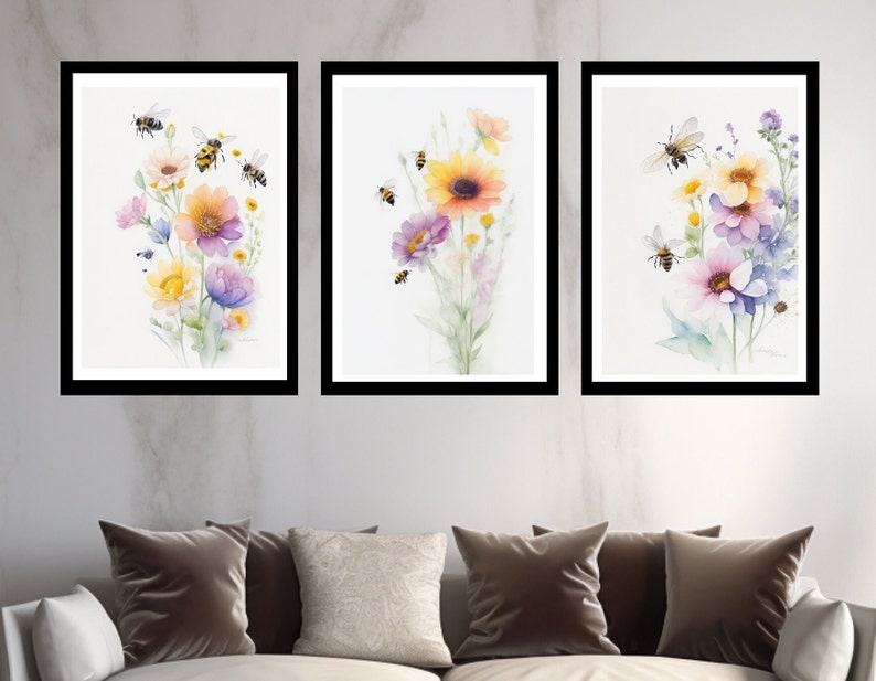 Set of 7 Wild Flowers & Bees Digital Art Images Watercolor in Pastel ...