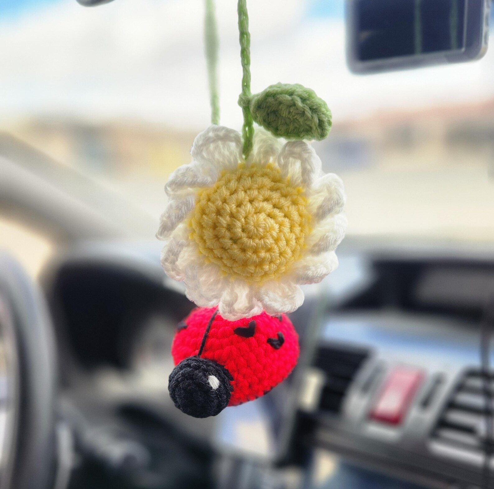 Crochet Ladybug and Daisy Car Charm: Spring Car Hanger - Etsy