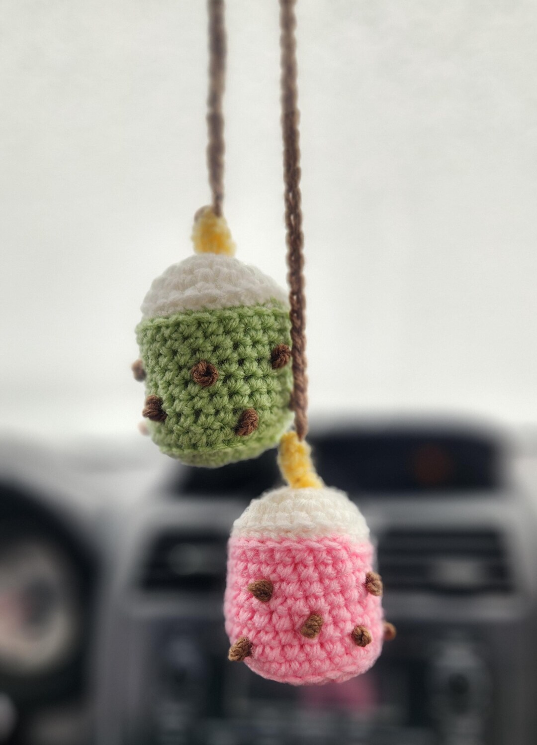 Crochet Boba Car Hanger, Cute Rearview Mirror Charm, Boba Crochet ...