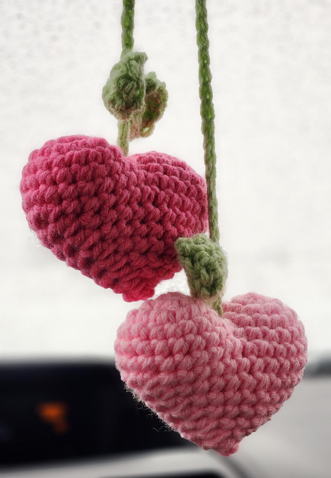 Crochet Hearts Car Hanger, Cute Heart Car Charm, Crochet Car Accessory ...