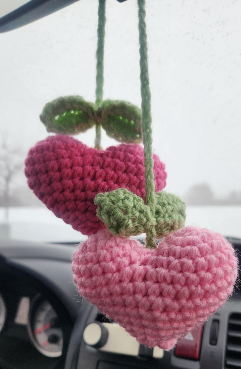 Crochet Hearts Car Hanger, Cute Heart Car Charm, Crochet Car Accessory ...