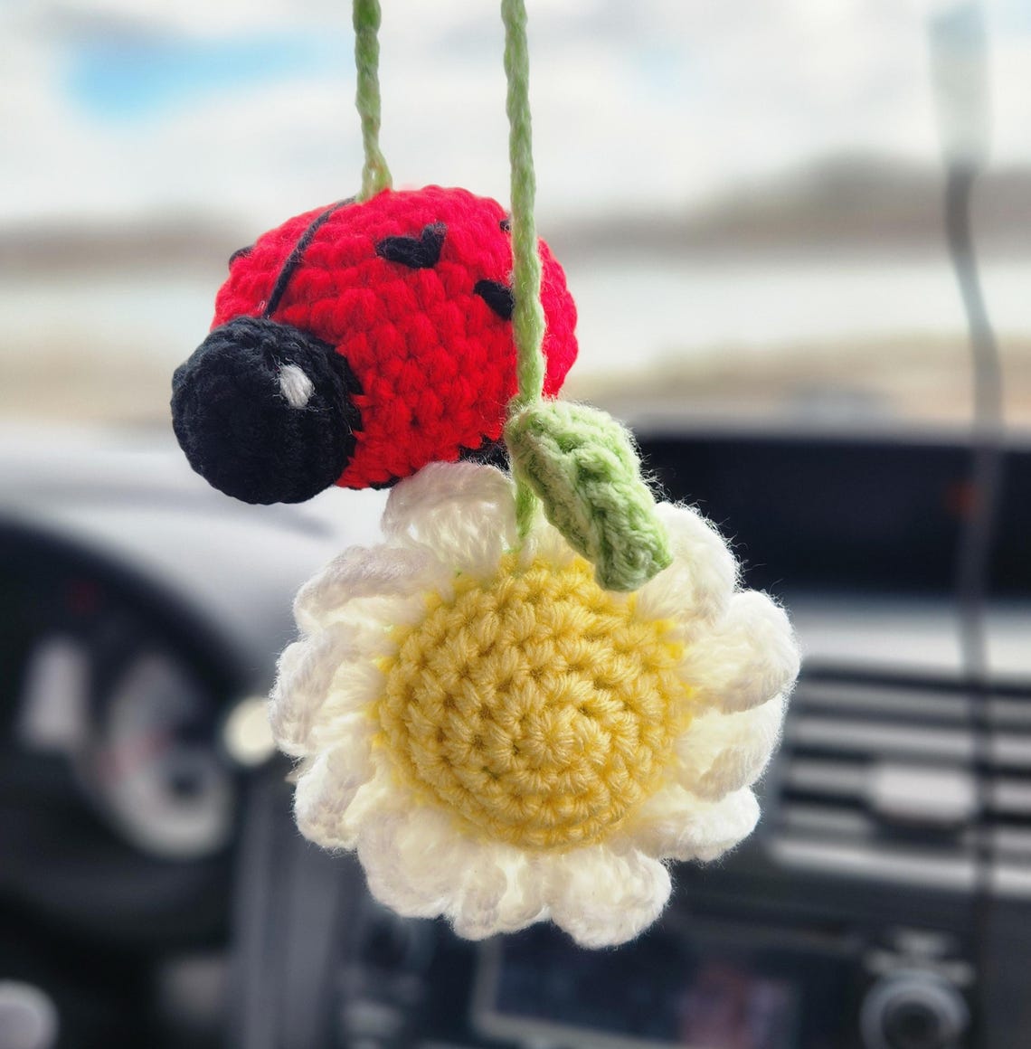 Crochet Ladybug and Daisy Car Charm: Spring Car Hanger - Etsy