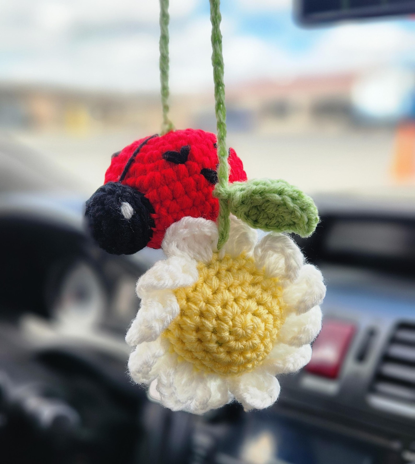 Crochet Ladybug and Daisy Car Charm: Spring Car Hanger - Etsy