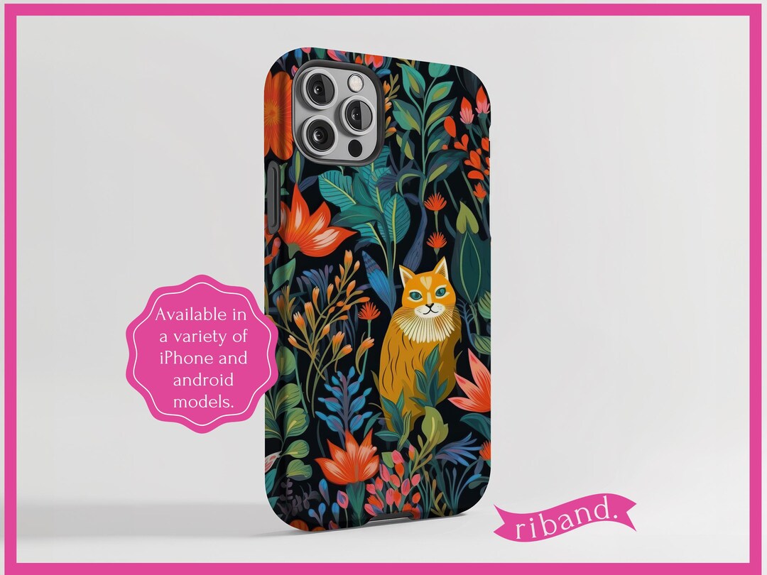Floral Cat Phone Case, Cat and Flowers Cell Phone Cover, Tough Phone ...