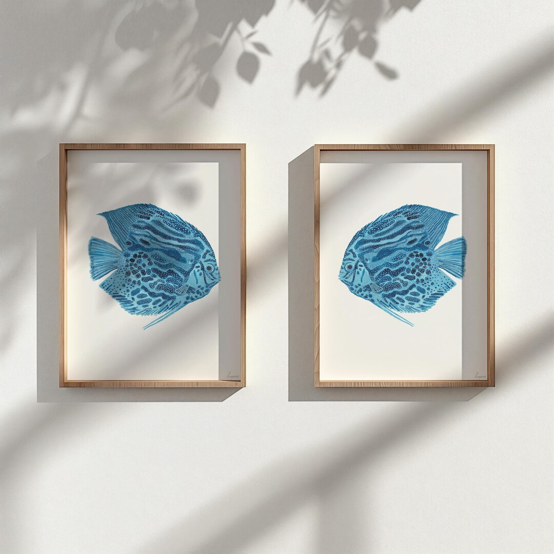Blue Discus Fish Print Set, Coastal Watercolor Wall Art - Etsy