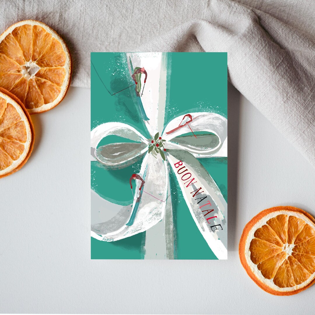 Ski Italy Christmas Card, Buon Natale Ski Slope and Christmas Ribbon ...