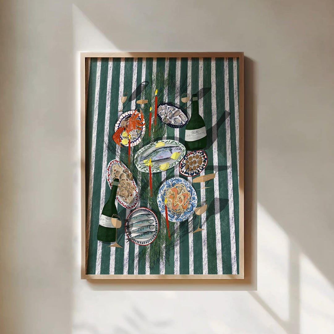 Italian Feast Art Print – Mediterranean Seafood Dining Illustration ...