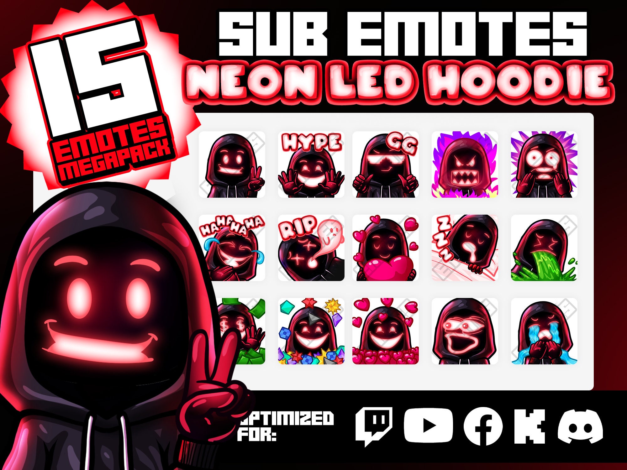 Red Neon LED Hoodie Sub Emotes - Gamer Emotes, Streamer Emotes ...