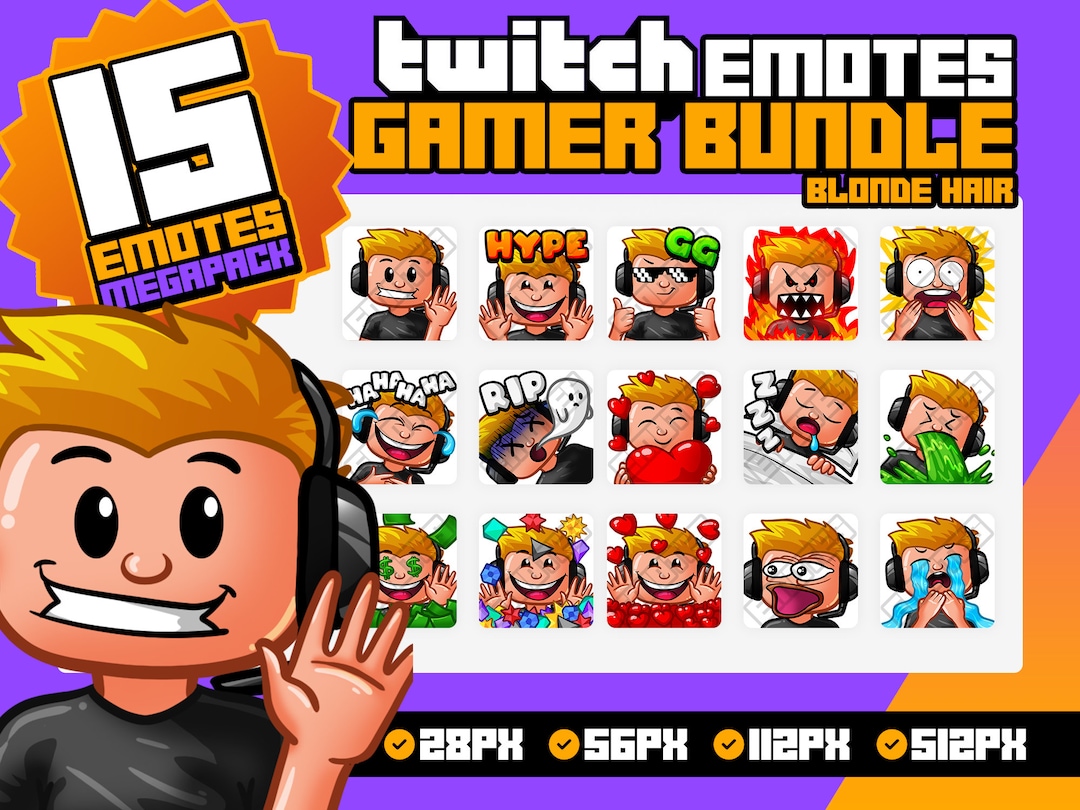 Gamer Twitch Emotes With Blonde Hair, Tshirt and Headset for Streamers ...