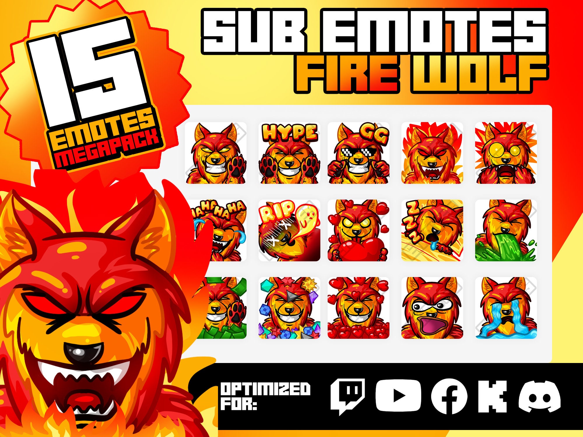 Fire Wolf Sub Emotes - Gamer Emotes, Streamer Emotes, Subscriber Emotes ...