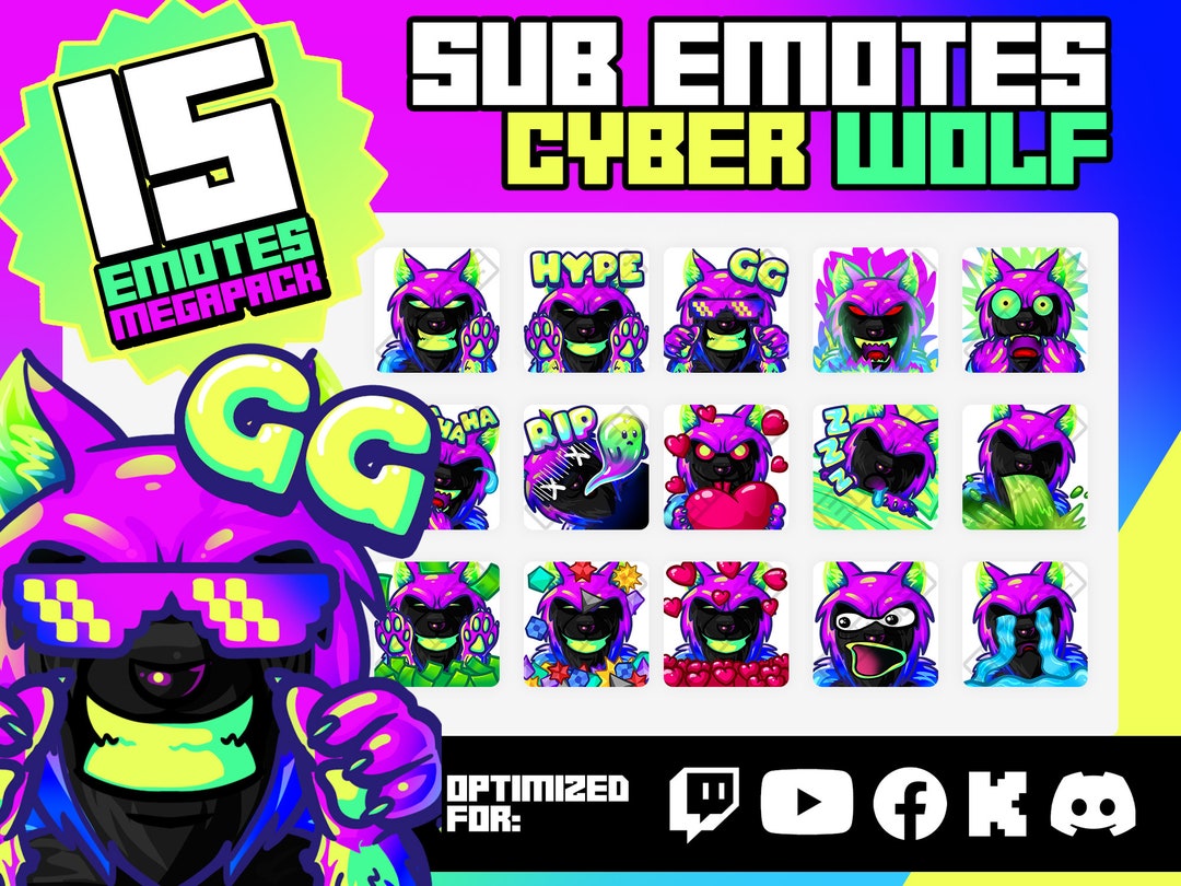 Neon Cyber Wolf Sub Emotes for Streamers - Gamer Emotes, Streamer ...