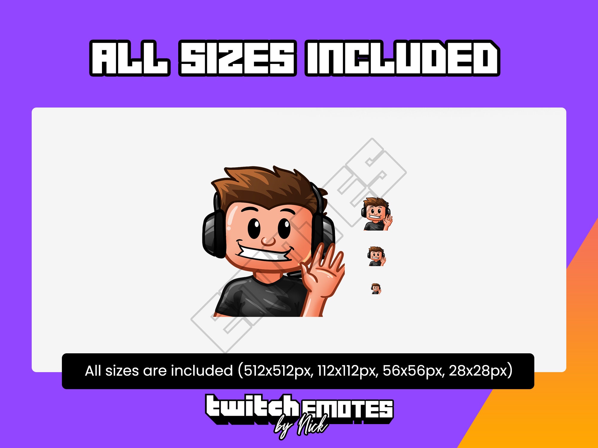 Gamer Twitch Emotes With Brown Hair, Tshirt and Headset for Streamers ...