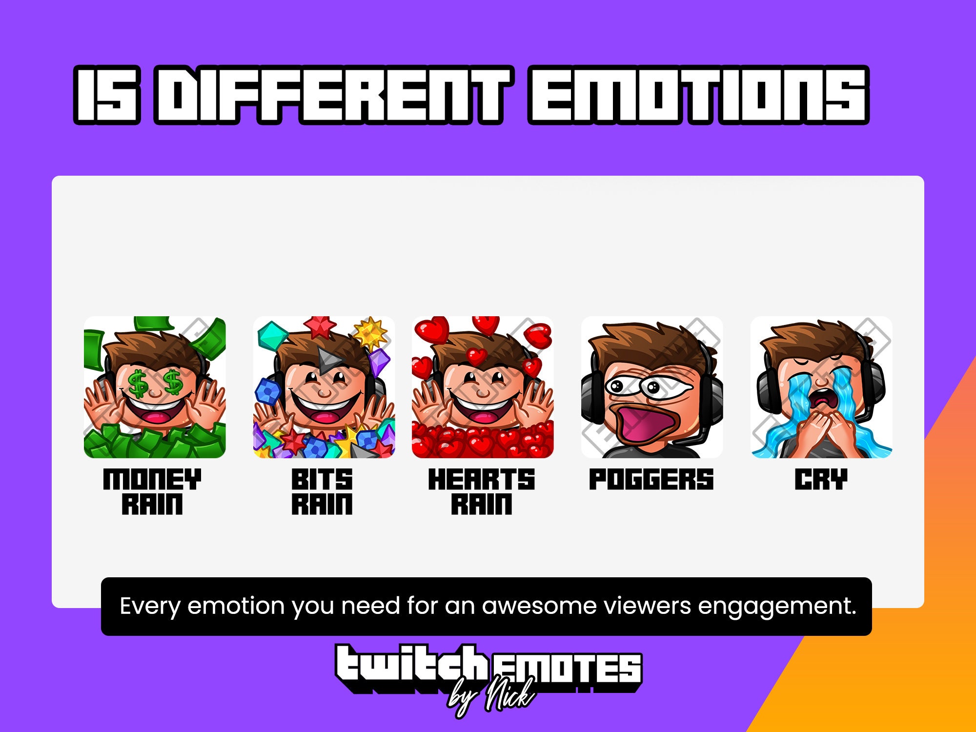 Gamer Twitch Emotes With Brown Hair Tshirt and Headset for - Etsy