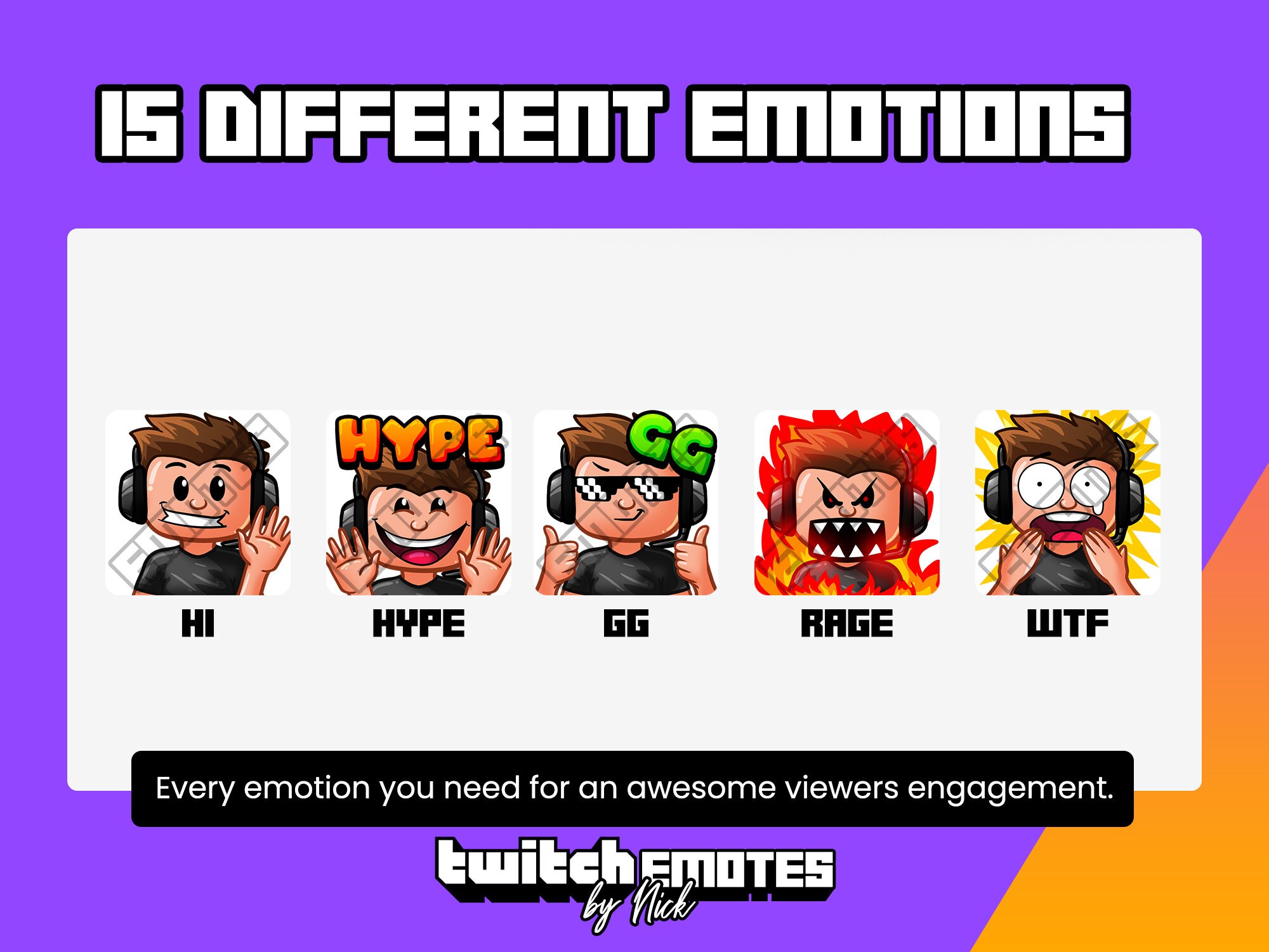 Gamer Twitch Emotes With Brown Hair, Tshirt and Headset for Streamers ...
