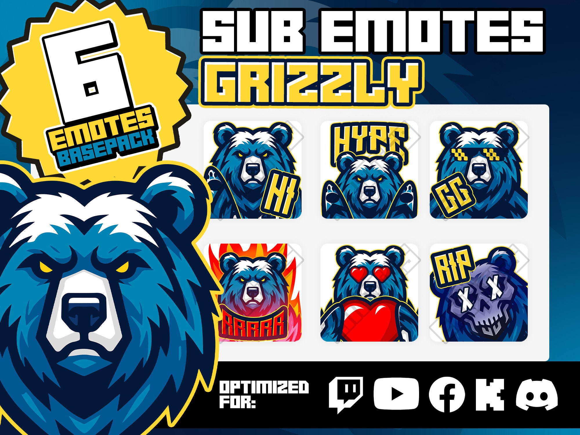 Blue Grizzly Bear Sub Emotes for Streamers - Gamer Emotes, Streamer ...