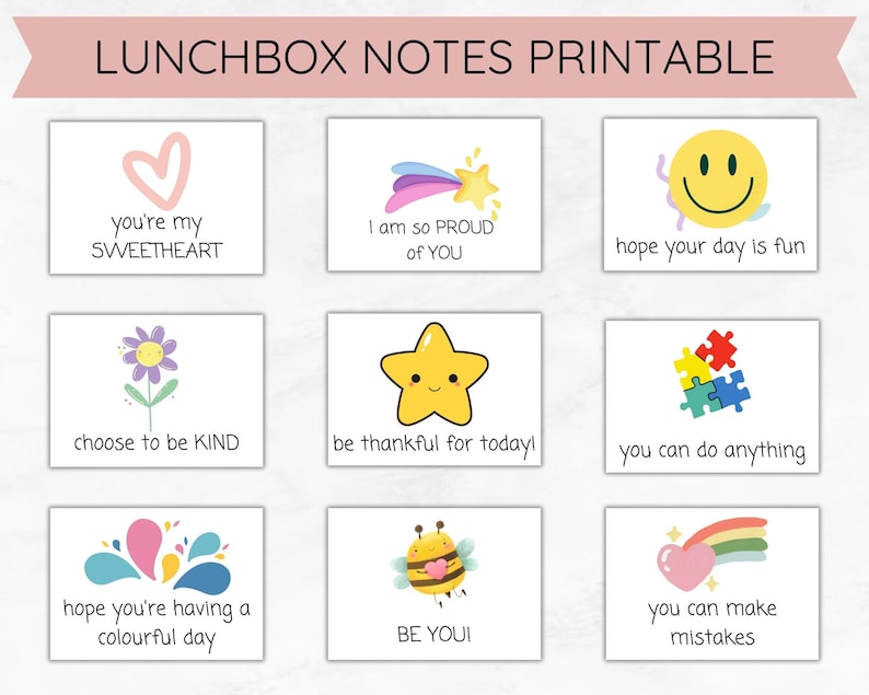 Lunch Box Notes Printable, Lunch Notes for Kids, Cute Lunchbox Notes ...