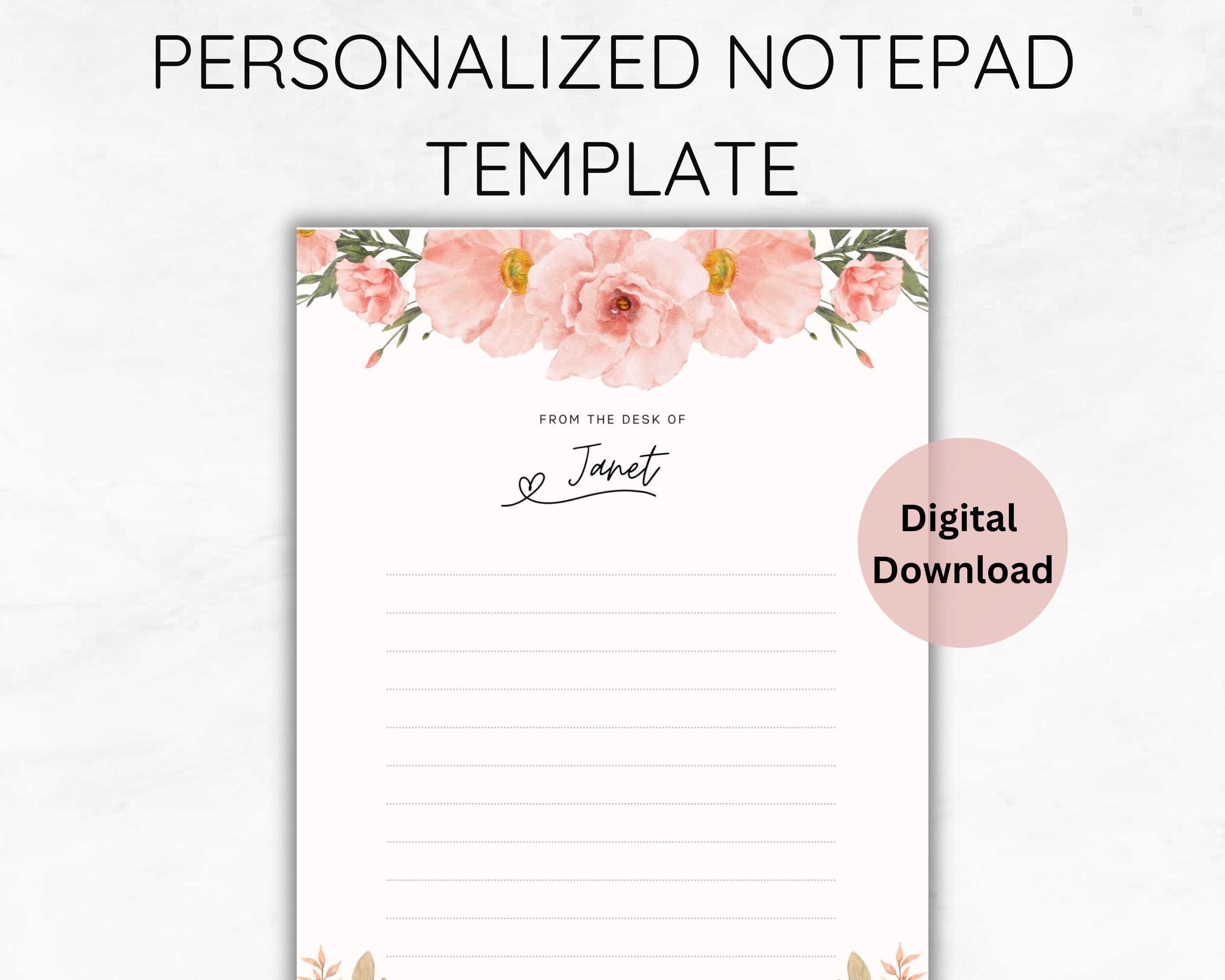 Personalized From the Desk of Notepad Template, Floral Custom Notepad ...