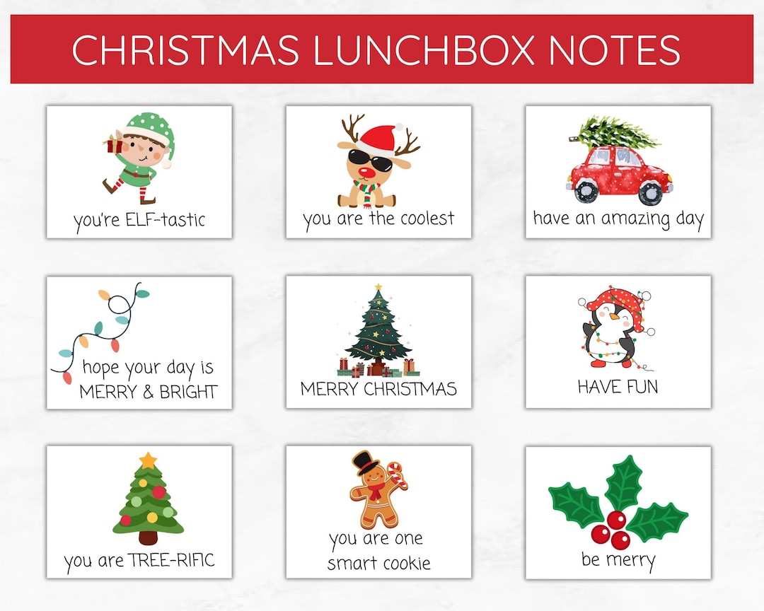 Christmas Lunch Box Notes Printable, Lunch Notes for Kids, Cute ...