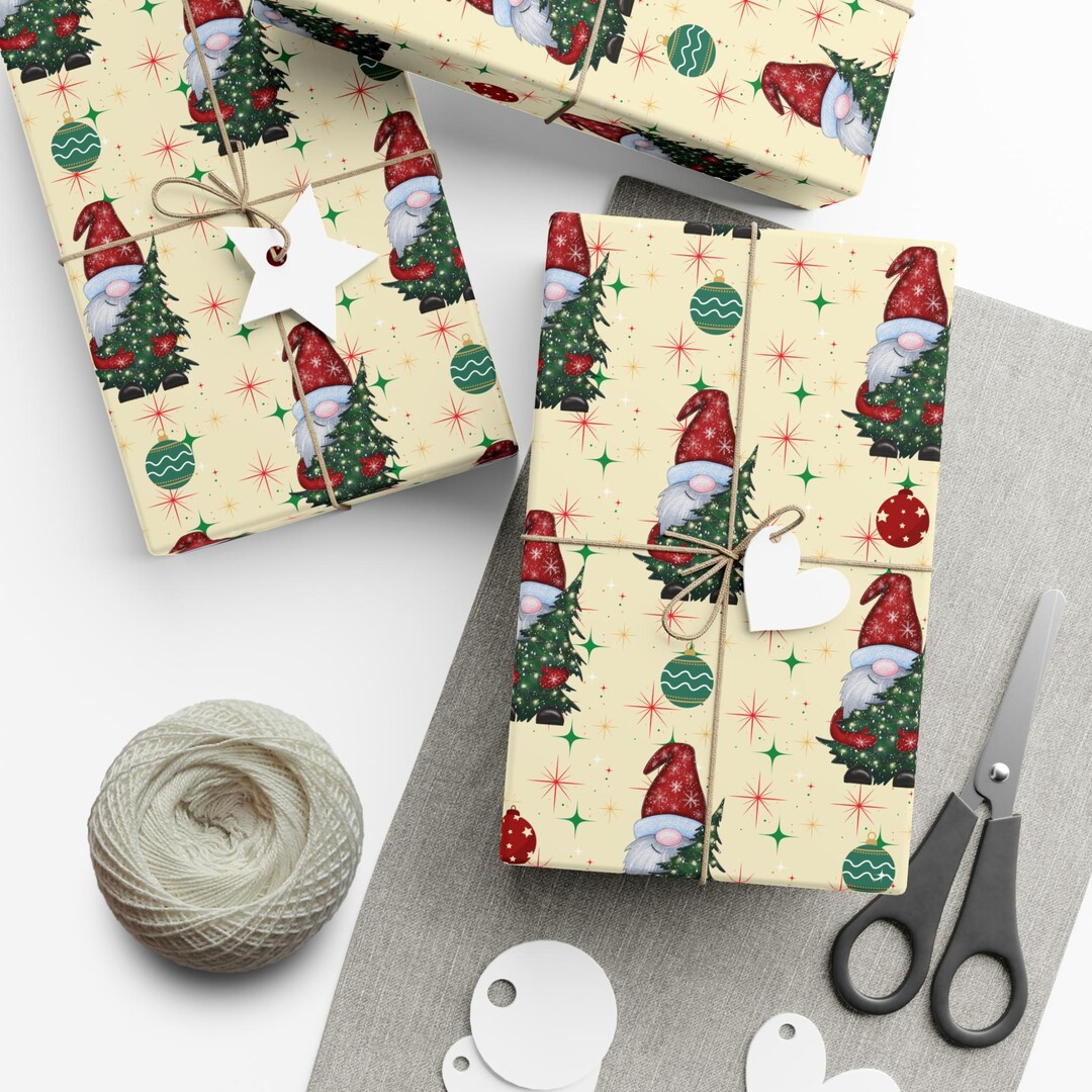 Christmas Gnome Wrapping Paper, Holiday Gift Wrap Roll, Ornaments and ...