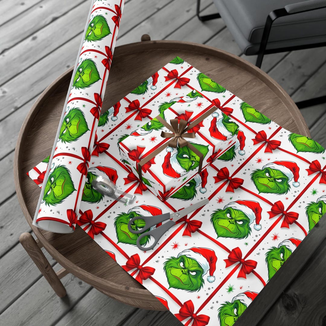 Grinch Christmas Wrapping Paper, Holiday Gift Wrap Santa Hat, Festive ...