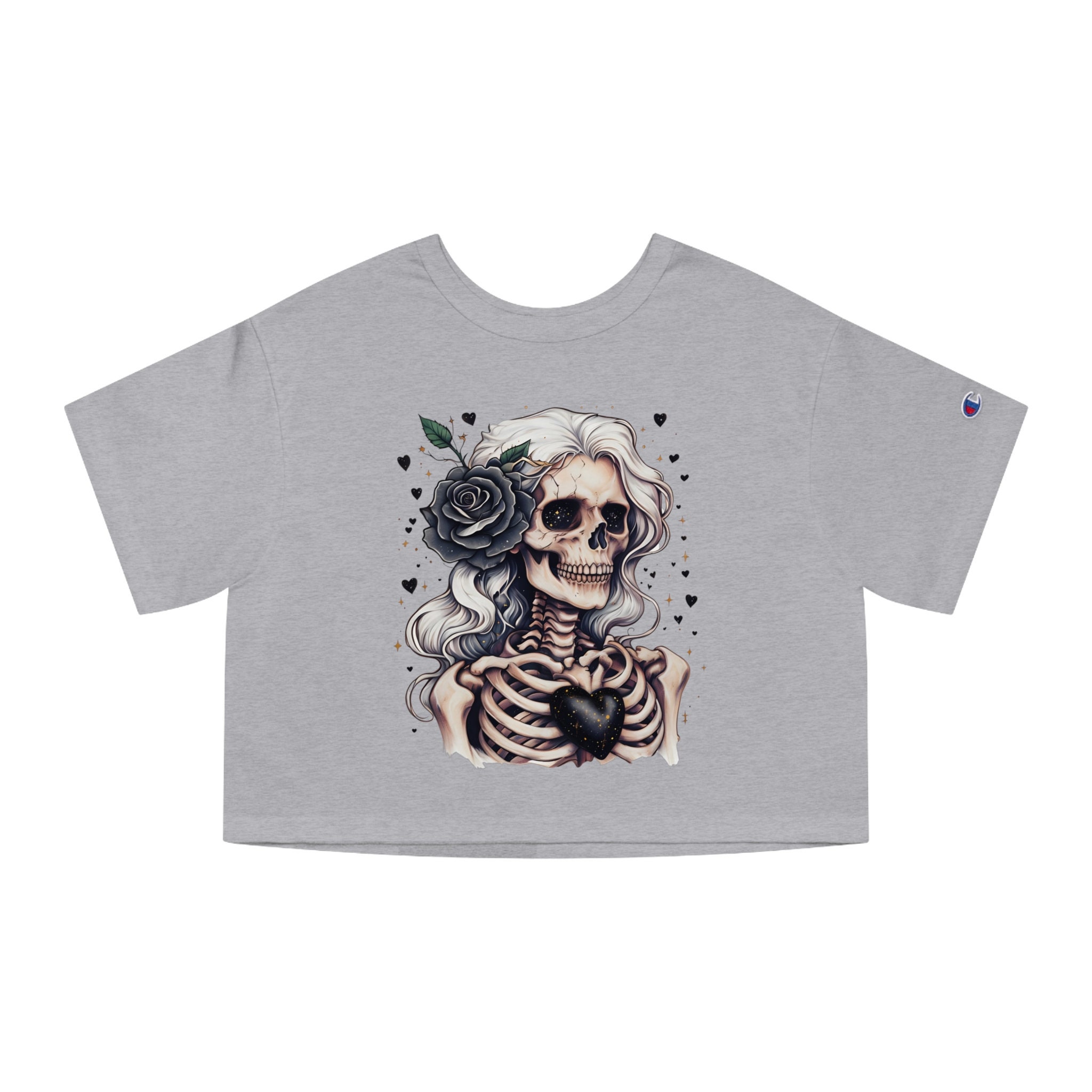Gothic Skeleton Crop Top With Black Rose Women's Grunge Aesthetic T ...