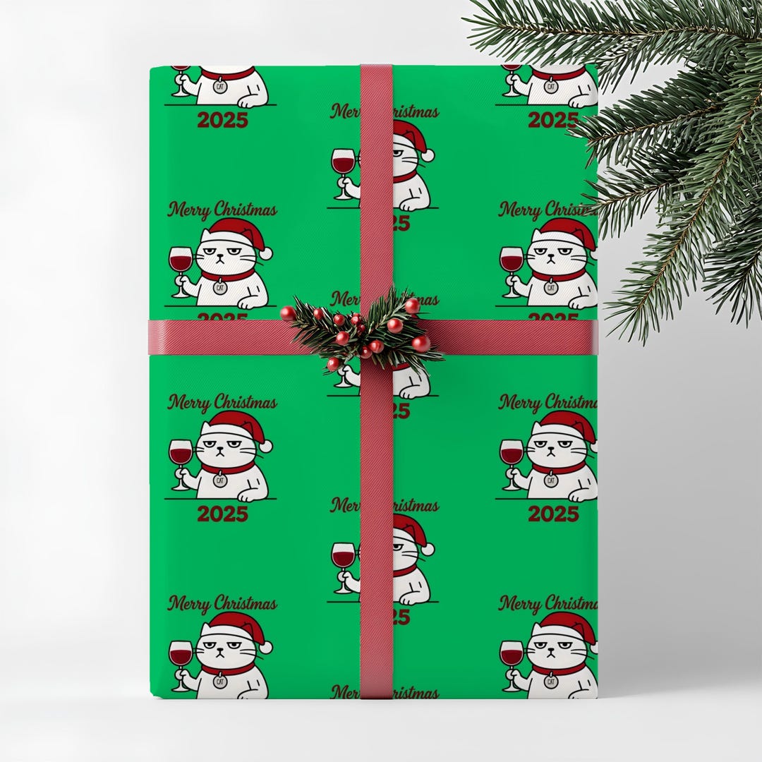 Wrapping Paper, Christmas Cat Green Gift Wrap Roll - Festive Xmas ...