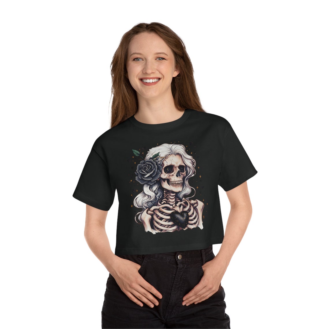 Gothic Skeleton Crop Top With Black Rose Women's Grunge Aesthetic T ...
