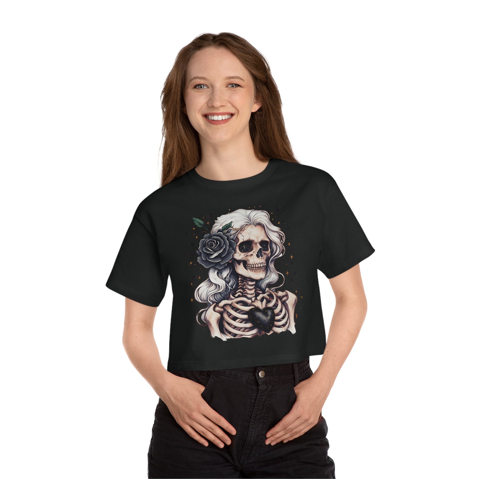 Gothic Skeleton Crop Top With Black Rose Women's Grunge Aesthetic T ...