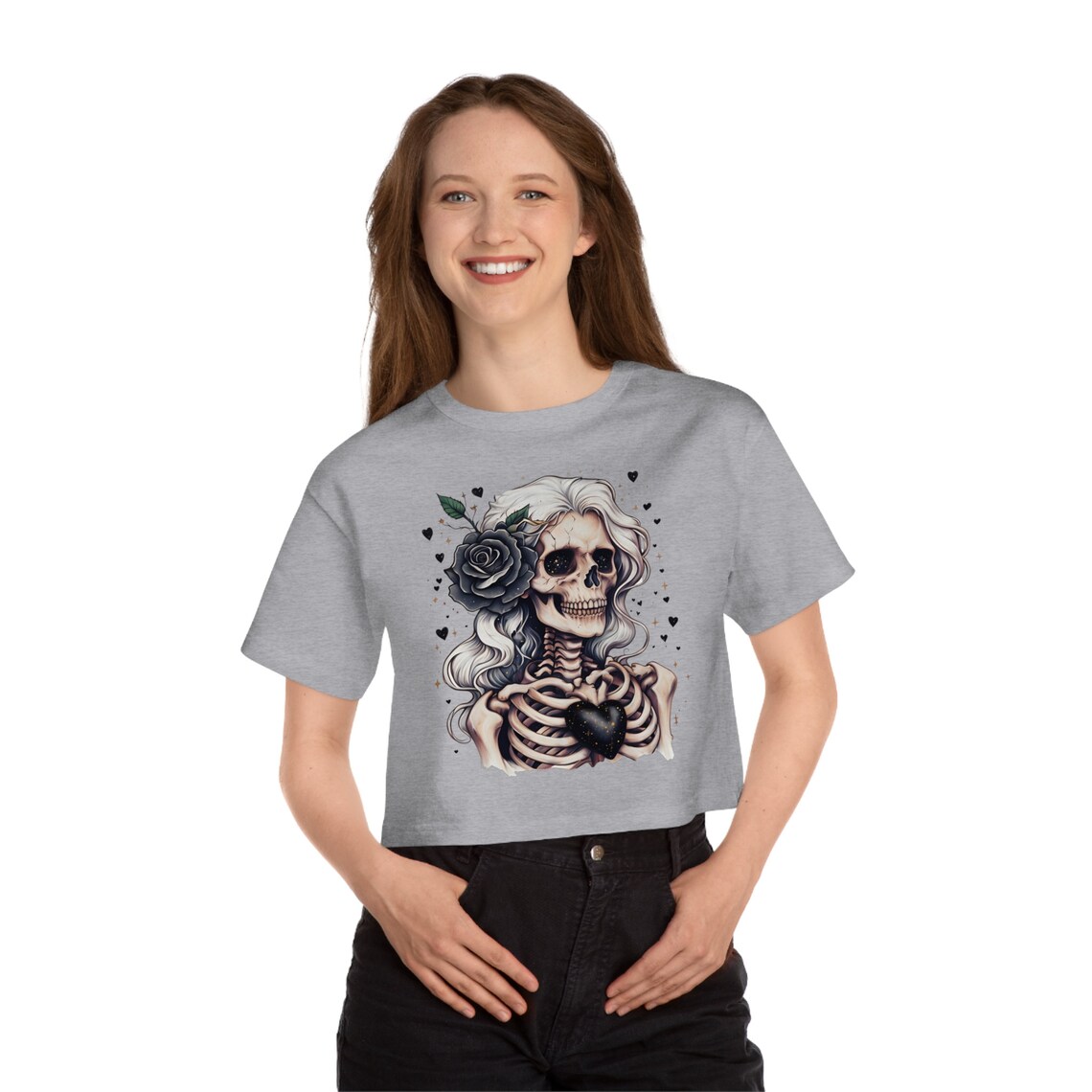 Gothic Skeleton Crop Top With Black Rose Women's Grunge Aesthetic T ...