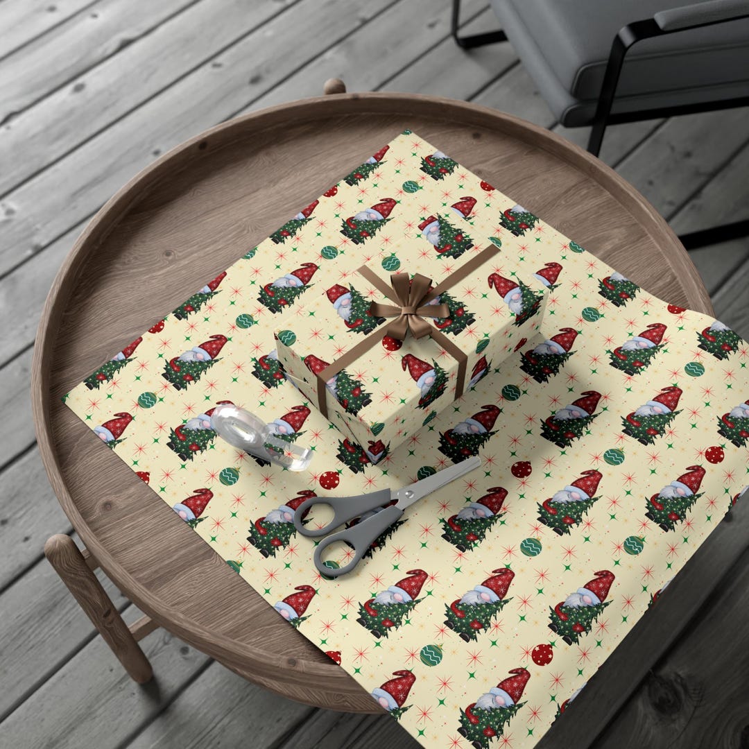 Wrapping Paper, Christmas Gnome Holiday Gift Wrap With Ornaments and ...