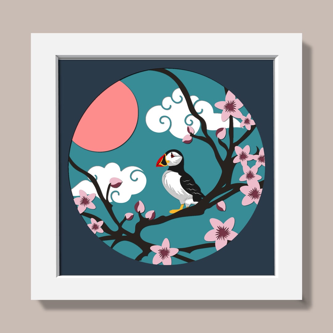 Puffin Bird Shadow Box SVG, Cherry Blossoms Shadow Box Svg, Flowers 3D ...