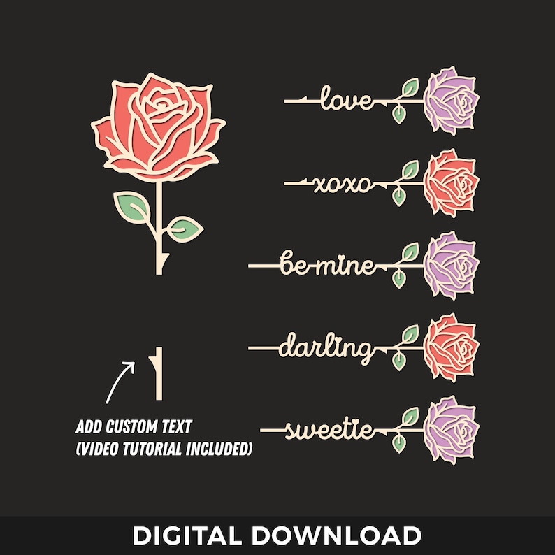 Rose Valentine's Day Laser Cut Svg, Custom Name Flower Svg, Love, Xoxo ...