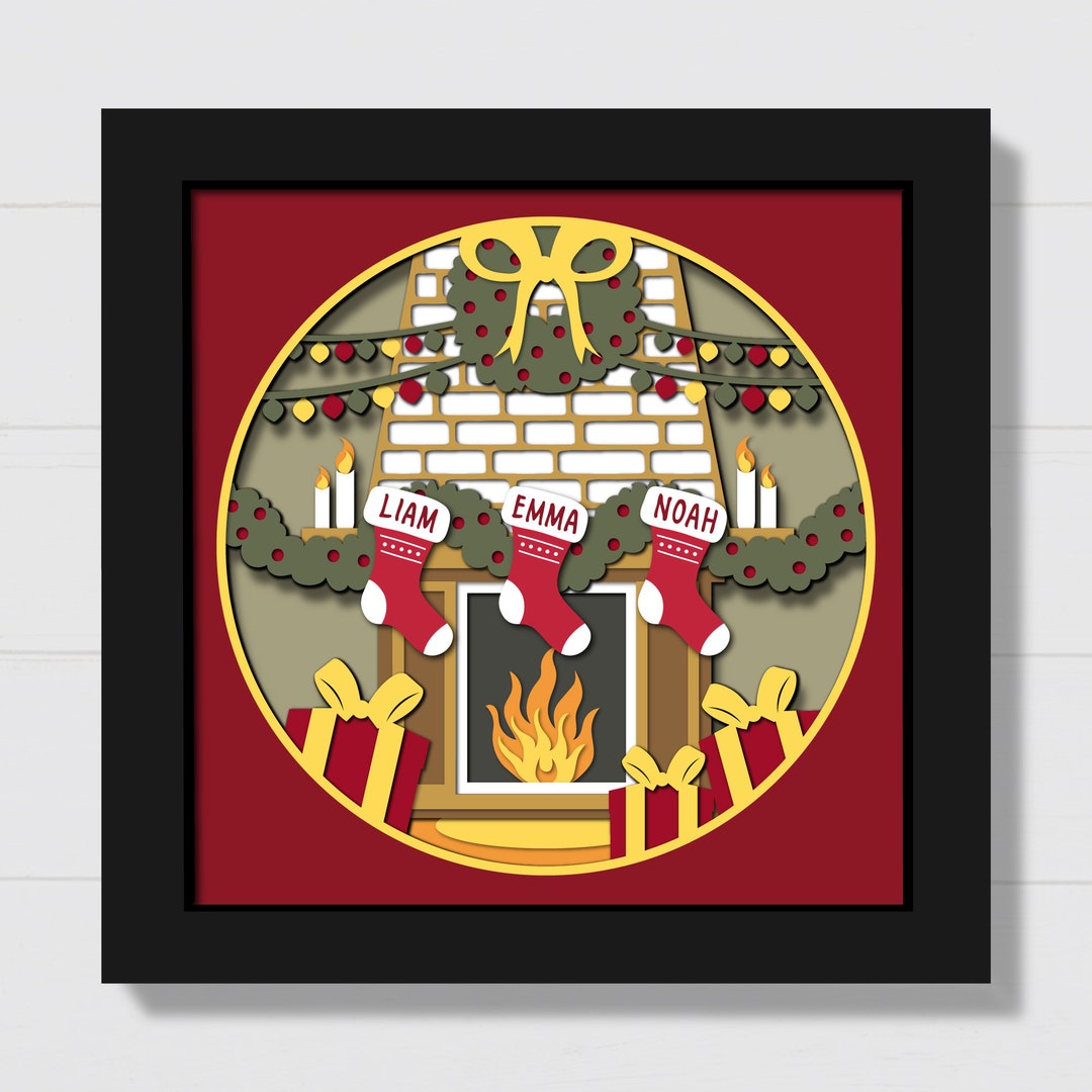 3D Christmas Mantel Shadow Box Svg, 3D Mantel With Stockings Svg, 3D ...