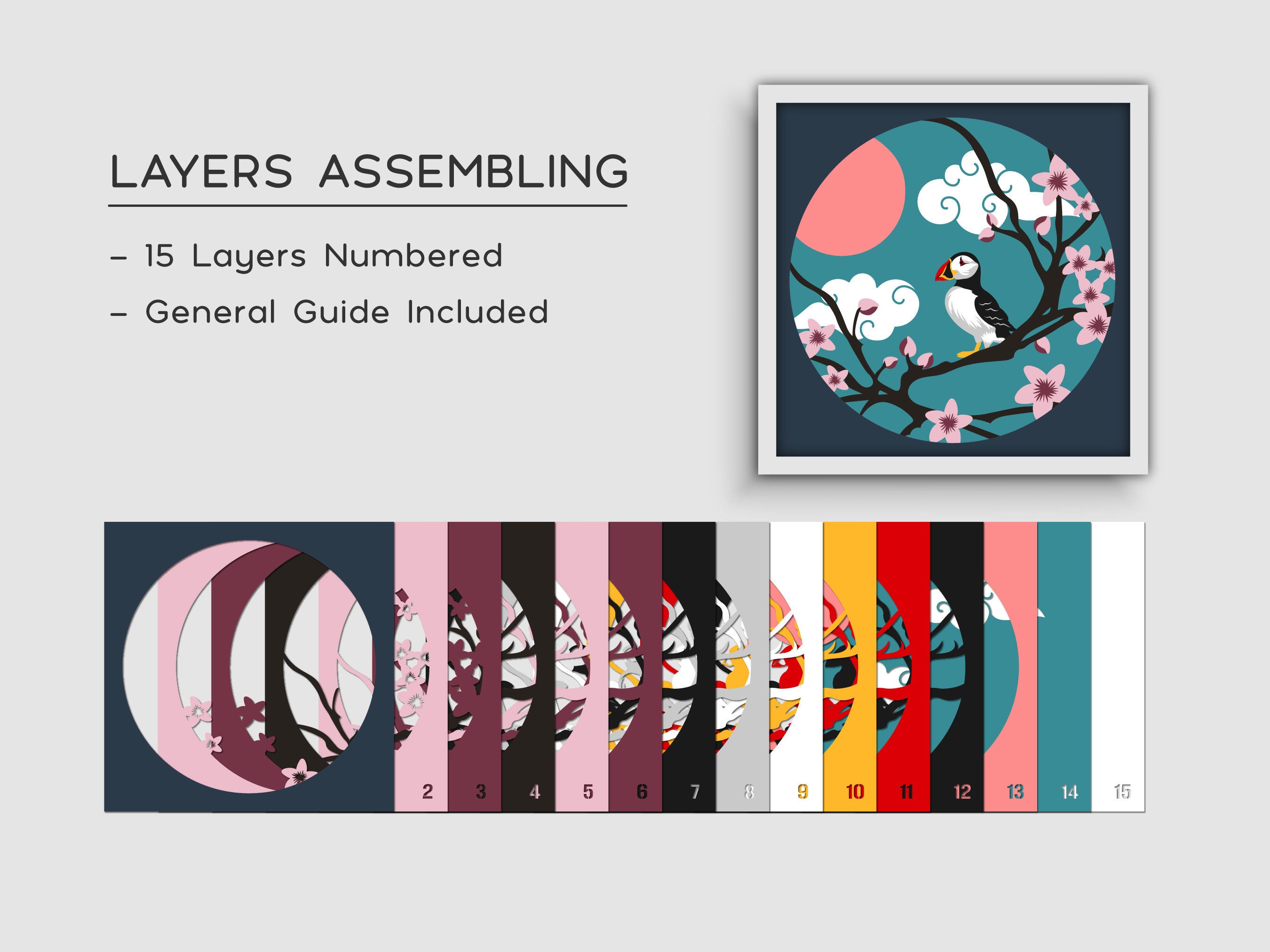 Puffin Bird Shadow Box SVG, Cherry Blossoms Shadow Box Svg, Flowers 3D ...