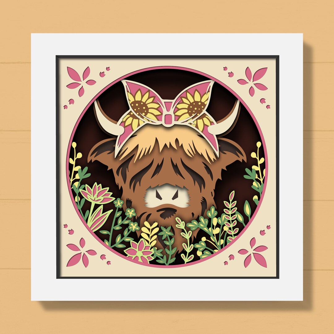 3D Highland Cow Shadow Box, Farm Animal Shadow Box, 3D Cow With Flowers ...