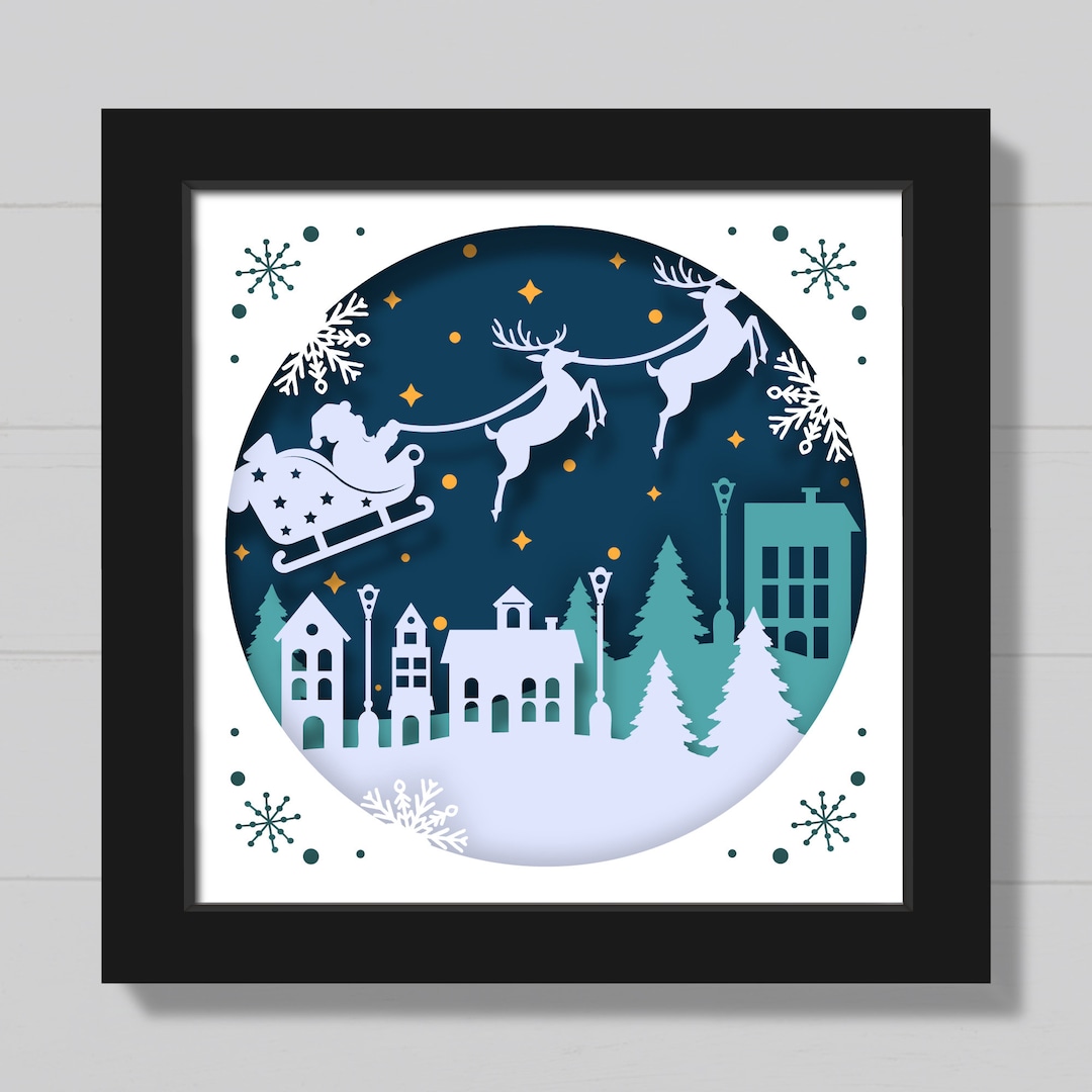 3D Santa Sleigh Reindeer Shadow Box Svg, Winter Shadow Box, Christmas ...