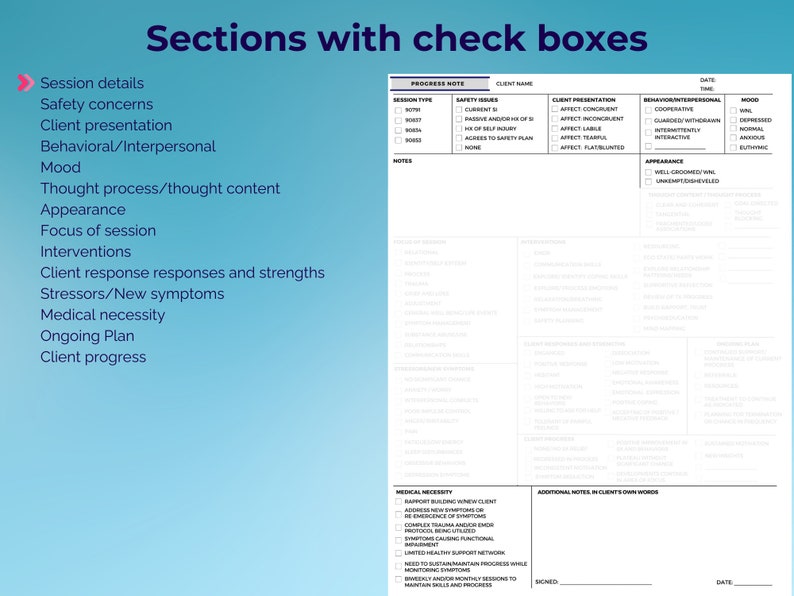 Clinical Therapy Progress Note With Checkboxes for Lcsw's, LPC, Psyd ...