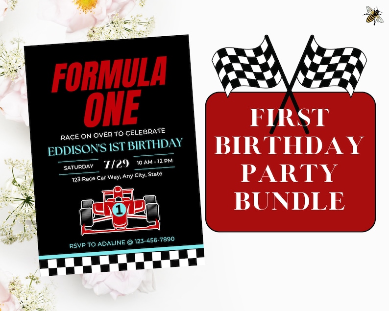 Formula ONE, Race Car 1st Birthday Party Invitations, Easy to Edit and ...