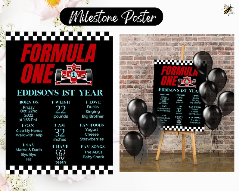 Formula ONE, Race Car 1st Birthday Party Invitations, Easy to Edit and ...