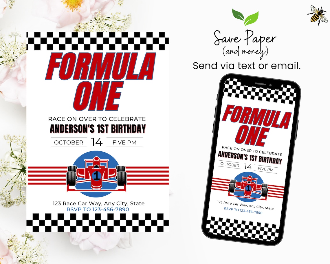 FORMULA ONE - 1st Birthday Party, Race Car Theme Invitations, F1 ...