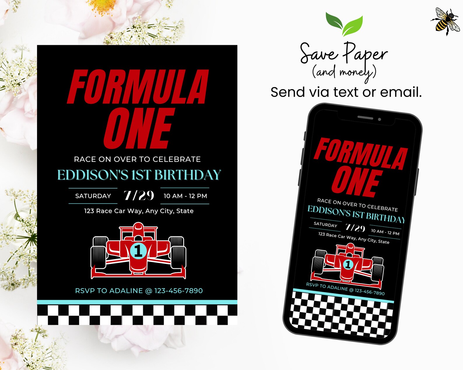 F1 First Birthday Party! Formula One Boy's Birthday Party Invites ...