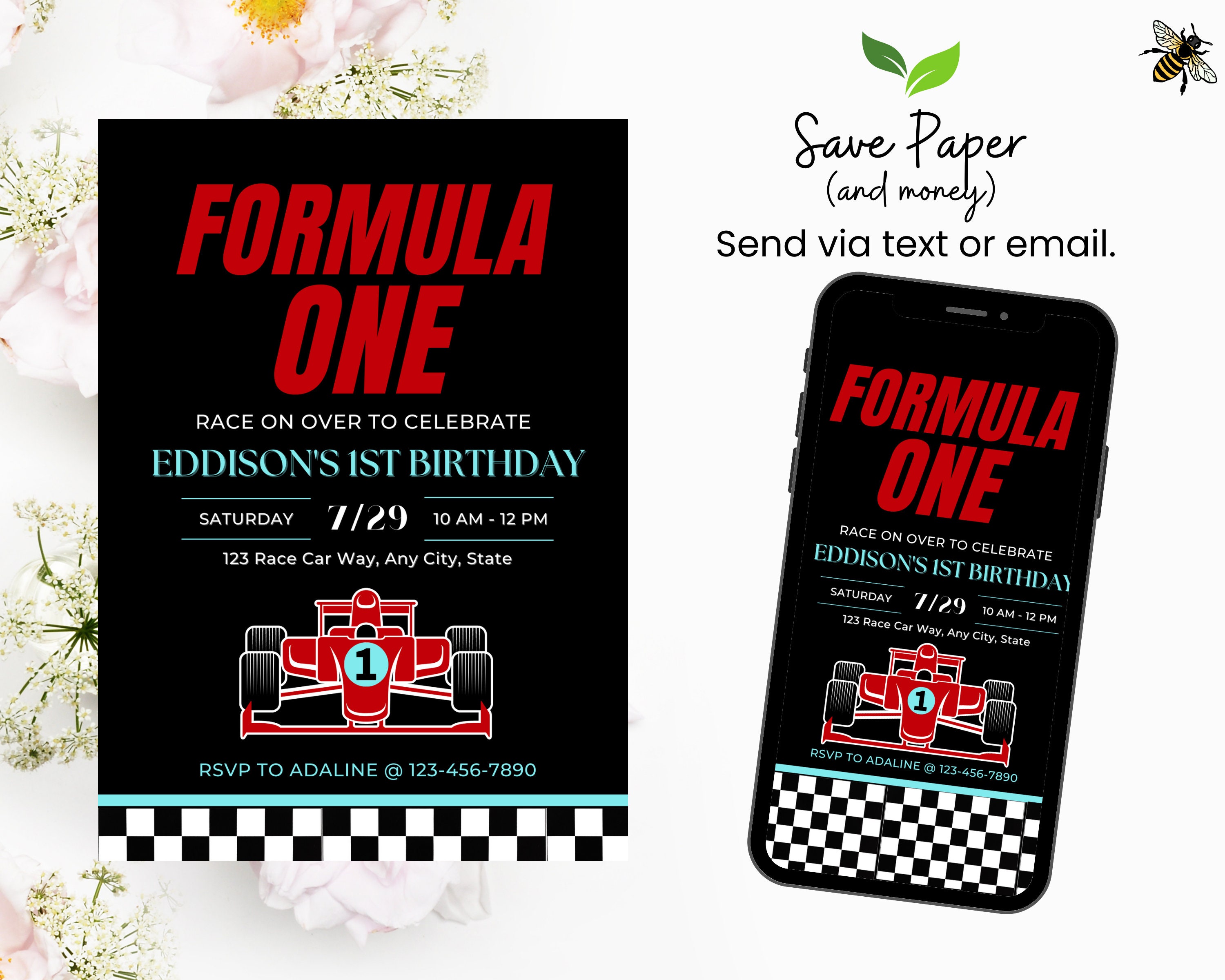 F1 First Birthday Party! Formula One Boy's Birthday Party Invites ...