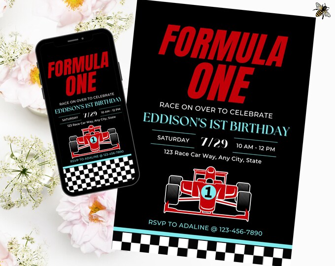 F1 First Birthday Party! Formula One Boy's Birthday Party Invites ...