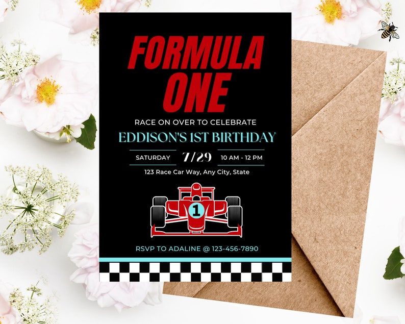 Formula ONE, Race Car 1st Birthday Party Invitations, Easy to Edit and ...