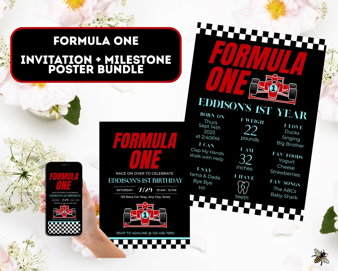 Formula ONE! 1st Birthday Party Invitation and Matching Milestone ...