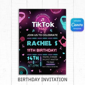 Tiktok Birthday Invitation, Tik Tok Invite, Printable Editable Party ...