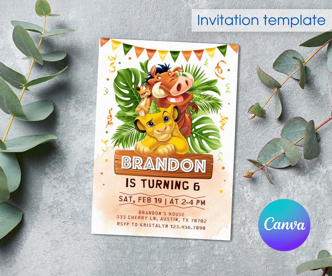 Lion King Birthday Invitation, Simba Invite, Printable Editable Party ...